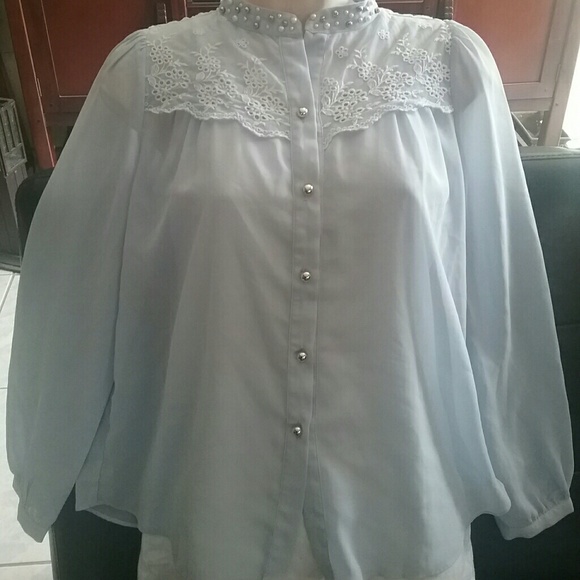 Tops | Yoco Pale Blue Beaded Chiffon Lace Blouse | Poshmark